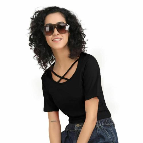 Buy Ad2Cart Women Black Cotton Va4127 Chest X Neck Half Sleevecrop Top ...