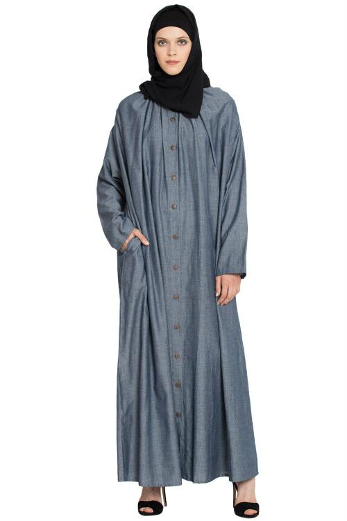 Buy Nazneen Women Cotton Front Open Gather Around Neck Cotton Bohemian Abaya (M) Online at Best ...