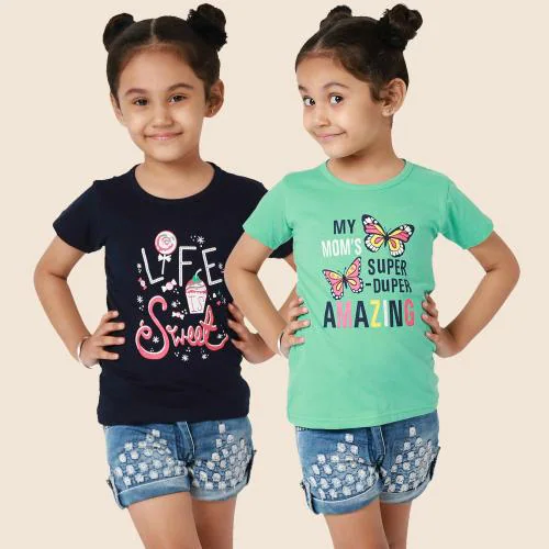 Buy Little Zing Girls Multicolor Pure Cotton Graphic Print Pack Of 2 T ...