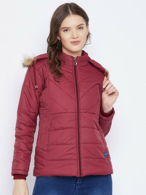 Buy ONNIT Women's Maroon winter wear full sleeve solid parka Jacket. Quilted with high quailty ...