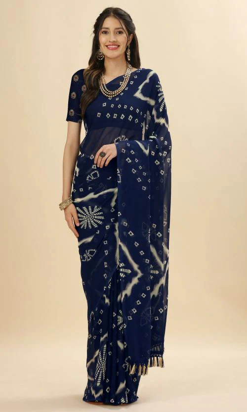 Buy Rekha Maniyar Women's Printed Jaali Chanderi Georgette Navy Blue ...