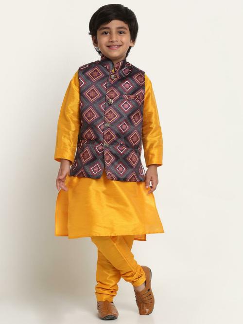 Buy Benstoke Boys Yellow & Charcoal Grey Geometric Silk Blend Kurta ...