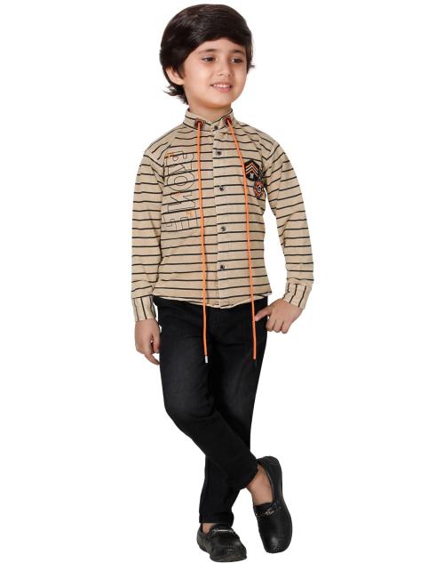 Buy Dkgf Fashion Boys Beige Striped Cotton Blend Shirt Jeans Online at ...