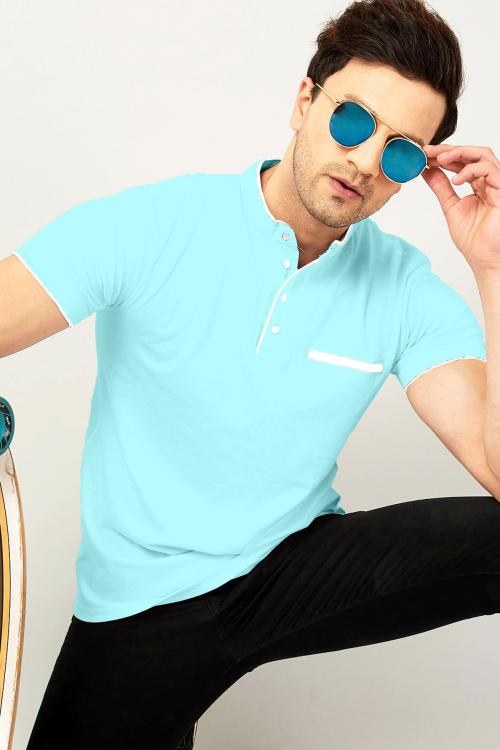 Buy GESPO Sky Blue Solid Mandarin Collar Half Sleeve Casual T-Shirt Online at Best Prices in ...