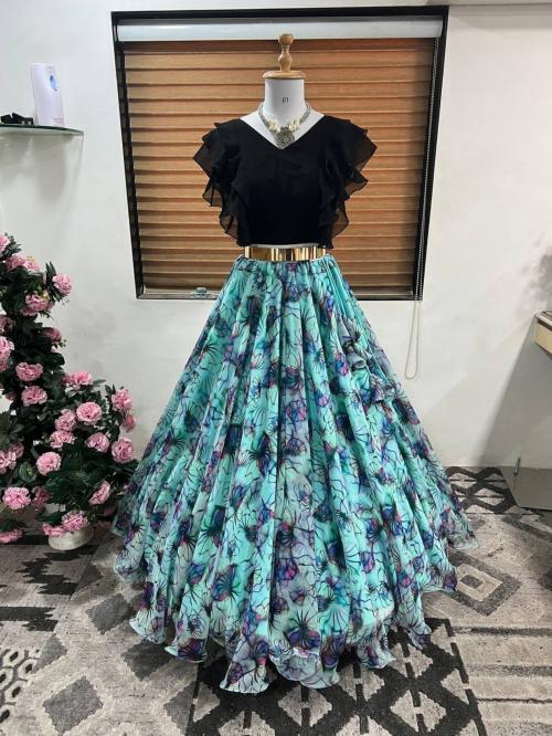 Buy Jesvi Women Light Blue Printed Georgette Semi Stitched Lehenga and Crop Top - Free Size ...