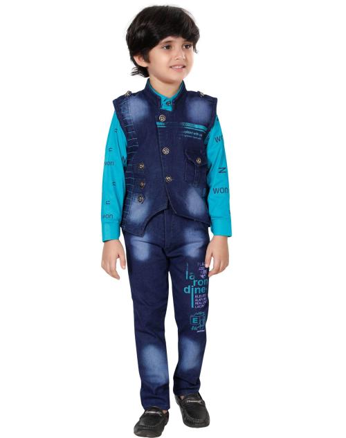 Buy Dkgf Fashion Boys Green Printed Cotton Blend Shirt Jeans And Jacket ...