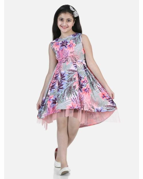 Buy StyleStone Girls Pink and Blue Printed Hi-Lo Dress with Net Inset ...