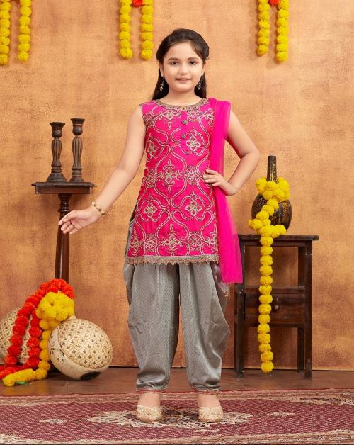 Buy Muhuratam Girls Ethnic Wear Rani Colour Embellished Gota work Silk ...