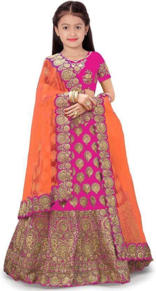 Buy FLENSIRA Girls Multicolor Embroidered Pure Silk Ghagra With Choli ...