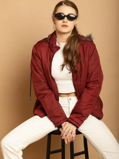 Buy ONNIT Women's Red winter wear full sleeve solid parka Jacket ...