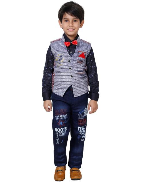 Buy Dkgf Fashion Boys Black Printed Cotton Blend Shirt Jeans, Waistcoat ...