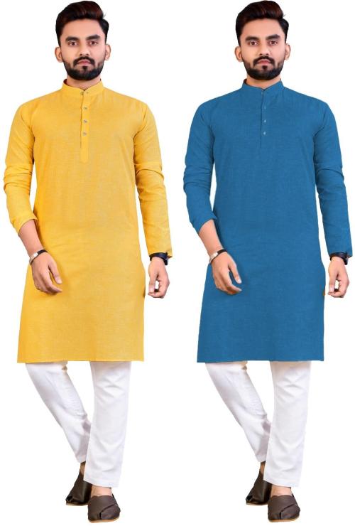 Buy Simran Creation Men Blue, Yellow Solid Cotton Blend Pack Of 2 ...