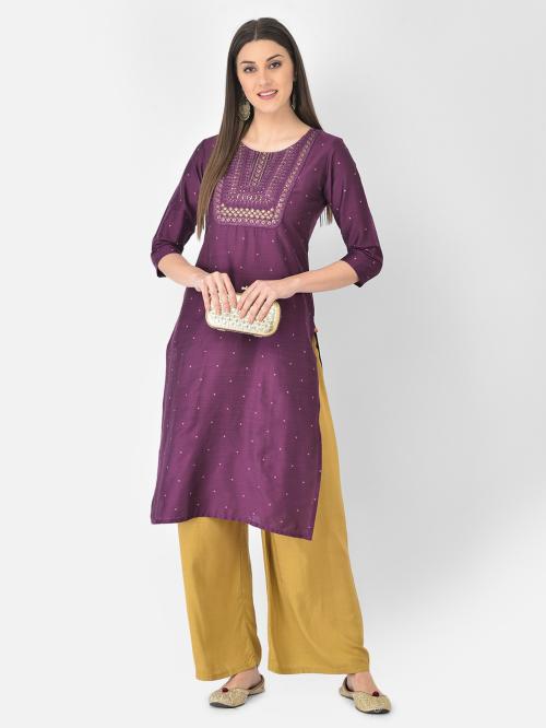 Buy Span Women Purple Embellished Cotton Silk Straight Kurta - Nd540 ...