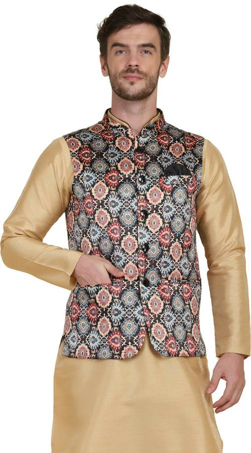 Buy Tahvo Men Multicolor Printed Satin Blend Nehru Jacket (40) Online ...
