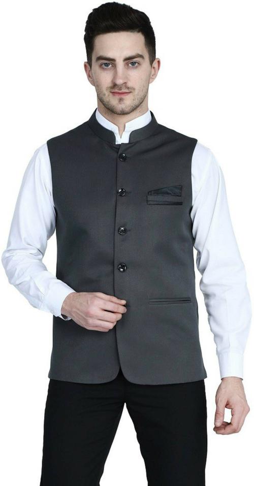 Buy Tahvo Men Grey Solid Cotton Blend Nehru Jacket (38) Online at Best ...