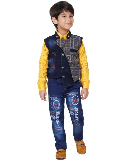 Buy Dkgf Fashion Boys Yellow Printed Cotton Blend Shirt Jeans Online at ...