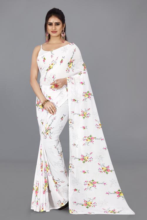 Buy Anand Women White Self Design Pattern Georgette Single Saree ...