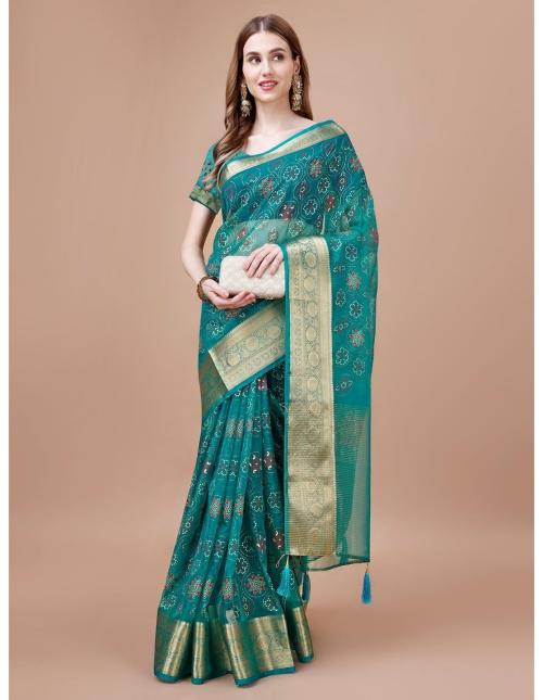 Buy Indian Women TealBlue Organza Flower Design Woven Border Latkan ...