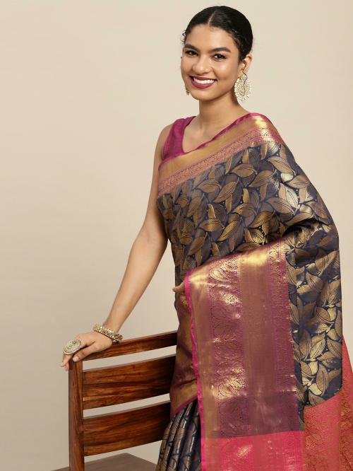 Buy Silk Land Women Navy Blue Woven Design Pure Silk Saree ( One Size) Online at Best Prices in ...