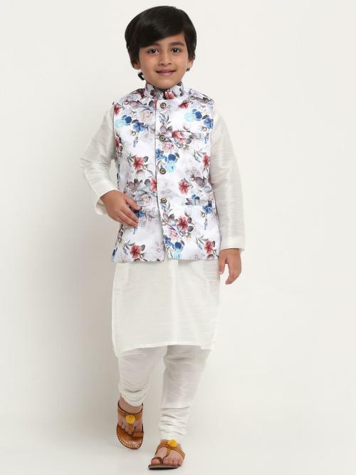 Buy Benstoke Boys White Floral Silk Blend Kurta Pyjama Set Online at ...