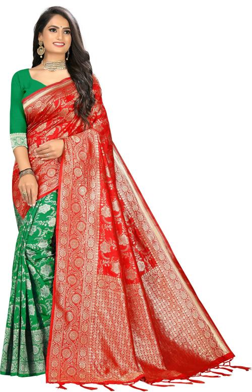 Buy Vedant Vastram Women Red Self Design Floral Silk Blend Banarasi ...