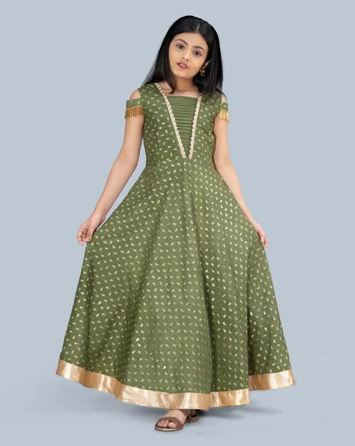 Buy Fashion Dream Girls Olive Foil Printed Crepe Silk Pack Of 1 Dress ...