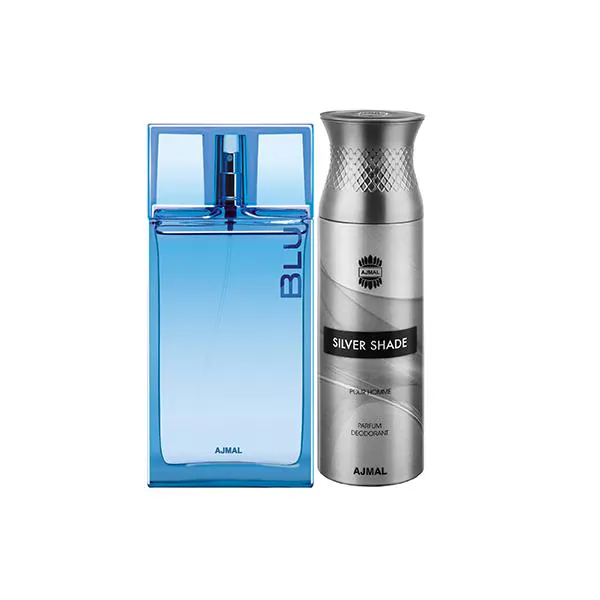 Ajmal Blu EDP Aquatic Woody Perfume And Silver Shade Homme Deodorant ...