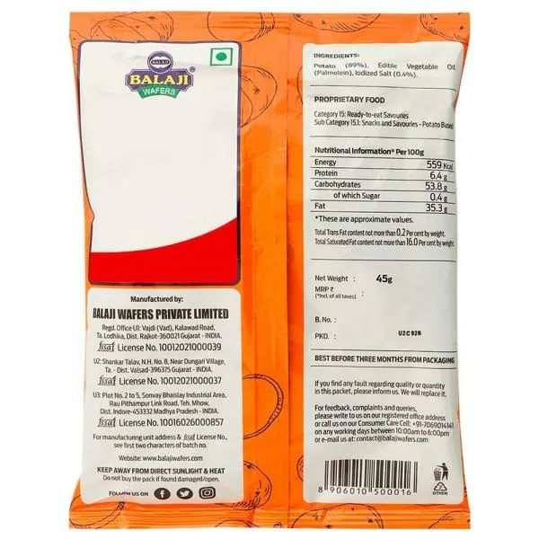 Balaji Simply Salted Potato Wafers 45 g - JioMart