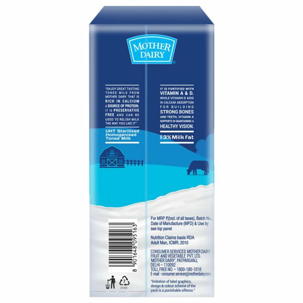 Mother Dairy UHT Sterilised & Homogenized Toned Milk 1 L (Tetra Pak ...