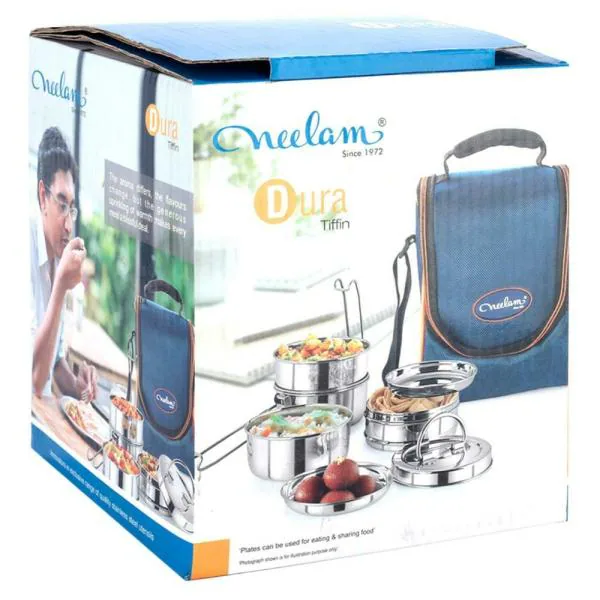 Neelam Dura Round Stainless Steel 4 Container Lunch Box 7 inch with Hot ...