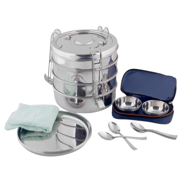 Neelam Travelling Set Round Stainless Steel Lunch Box (Size 12) (26 pcs ...