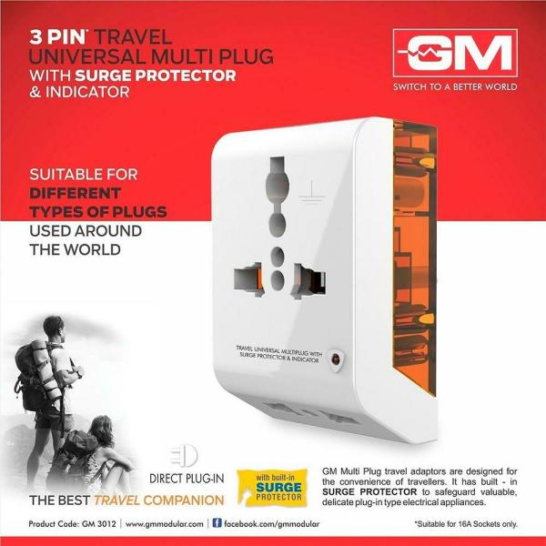 GM 3-Pin Multiplug Travel Adaptor with Surge Protector - JioMart