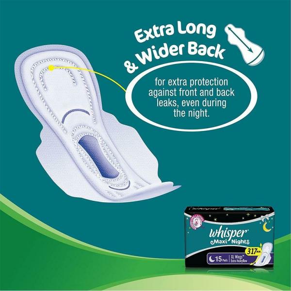 Whisper Maxi Nights Sanitary Napkin with Wings (XL) 15 pads - JioMart