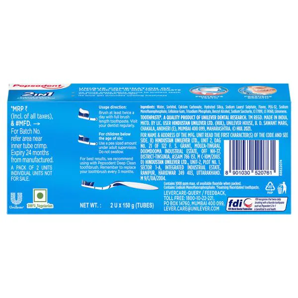 Pepsodent 2 in 1 Germ Fighting Formula Toothpaste 150 g (Pack of 2 ...
