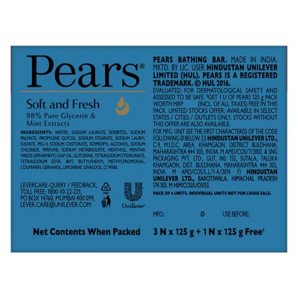 Pears Soft & Fresh Soap with Mint Extracts 125 g (Buy 3 Get 1 Free ...