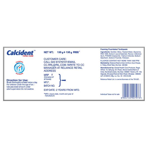 Calcident Total Care Fluoridated Toothpaste 150 g (Buy 1 Get 1 Free ...
