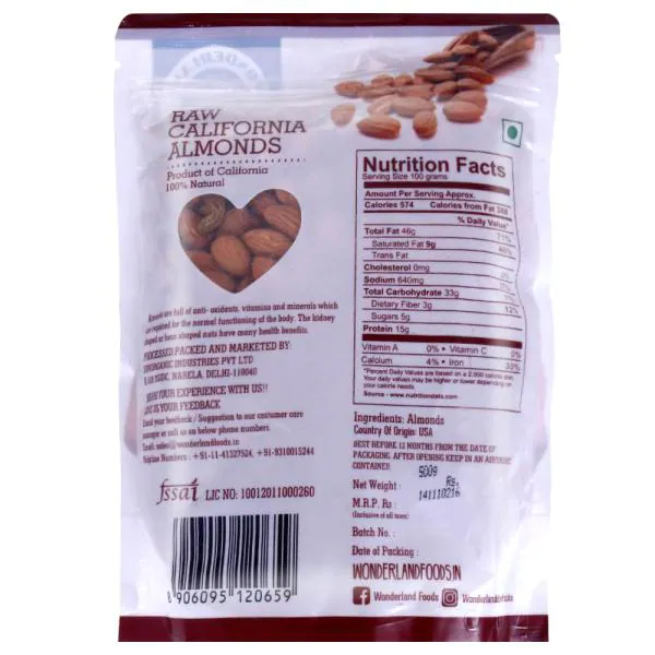 Wonderland Foods Premium Raw California Almonds 500 g - JioMart