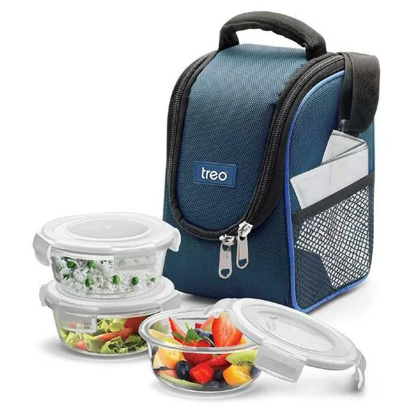 Treo Health Plus White Round Glass Lunch Box 380 ml (3 pcs) with Bag ...
