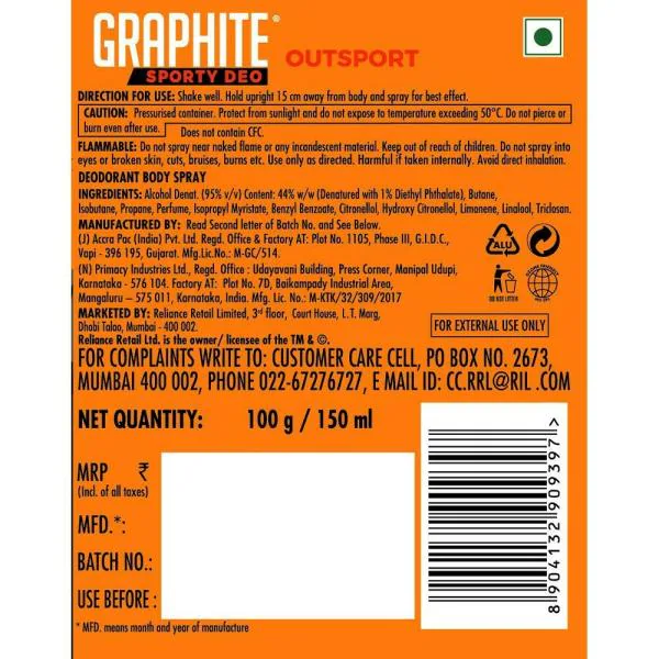 Graphite Outsport Sporty Deo Body Spray 150 ml - JioMart