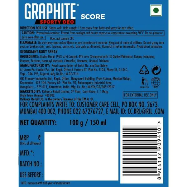 Graphite Score Sporty Deo Body Spray 150 ml - JioMart