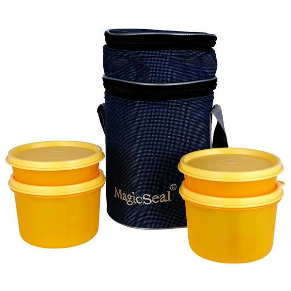 Polyset Magic Seal Premium Yellow Round Plastic Lunch Box (4 pcs) with ...