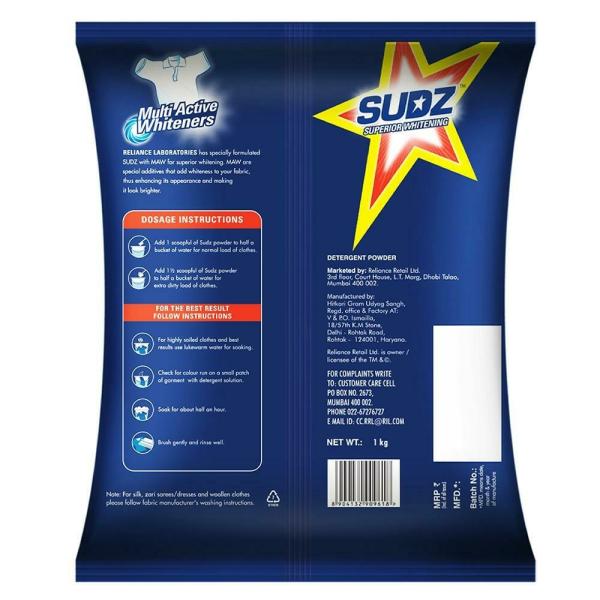 Sudz Superior Whitening Detergent Powder 1 kg - JioMart