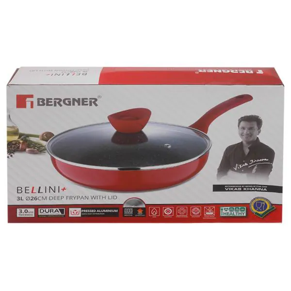 Bergner Bellini Plus Red Round Aluminum Fry Pan with Glass Lid 26 cm ...