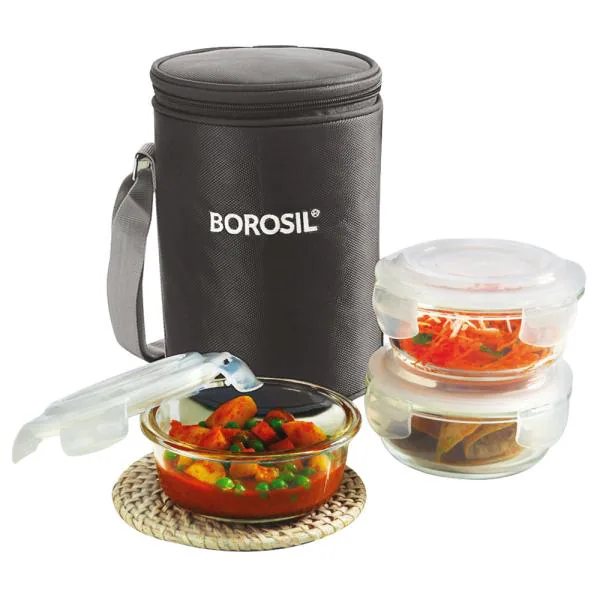 Borosil Round Glass Microwavable Lunch Box 400 ml (Set of 3) with Bag ...