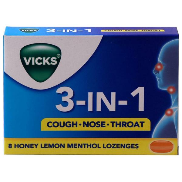 Vicks 3 in 1 Honey, Lemon & Menthol Lozenges 8 pcs - JioMart