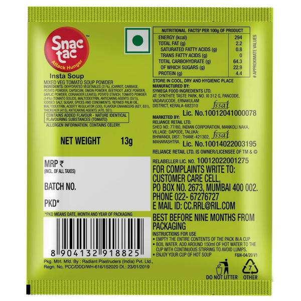 Snac tac Mixed Veg Tomato Insta Soup 13 g - JioMart