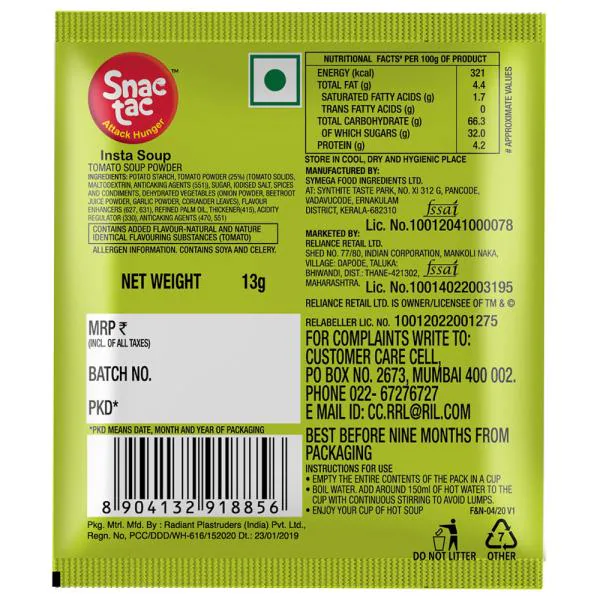Snac tac Instant Tomato Soup 13 g - JioMart