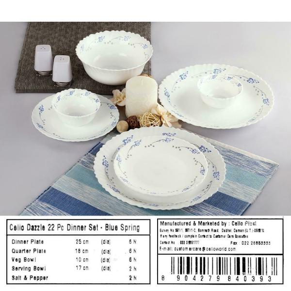Cello Dazzle Blue Spring Opalware Dinner Set 22 pcs - JioMart