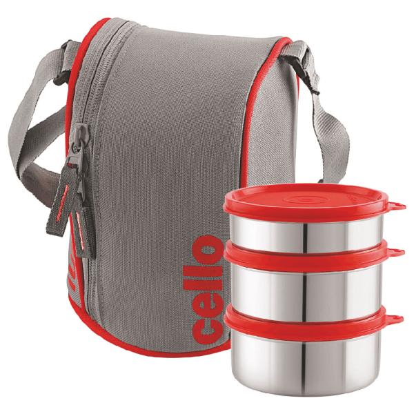 Cello Office Mate Stainless Steel Lunch Box with Red Plastic Lid 225 ...