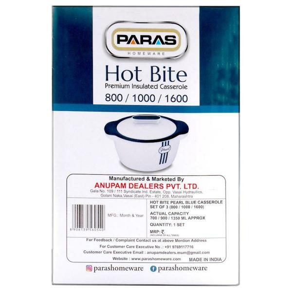 Paras Hot Bite Blue Plastic Insulated Casserole 800+1000+1600 ml (Set ...